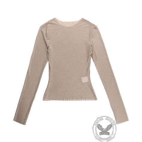 Nude See Through Mesh Rhinestones Long Sleeve Top Gthic