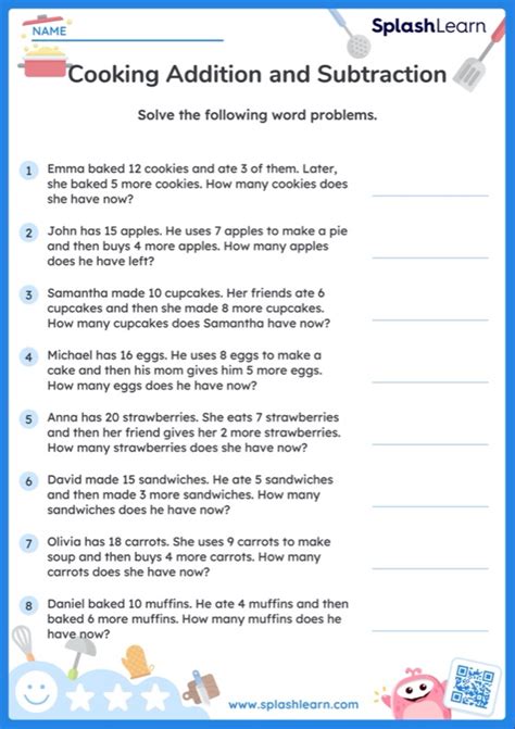 Add And Subtract Within 20 Cooking Word Problems Worksheet