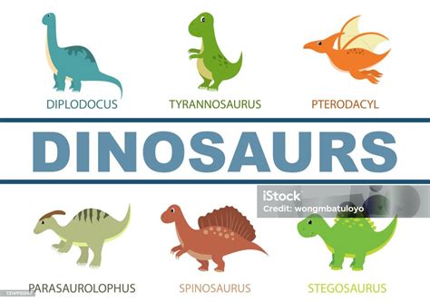 스피노사우루스 파라사우로푸스 스테고사우루스 티라노사우루스 프테로다틸 디플로도쿠스로 등장하는 귀여운 공룡 만화 캐릭터 일러스트레이션 배경 화면 배경 템플릿 고고학에 대한 스톡