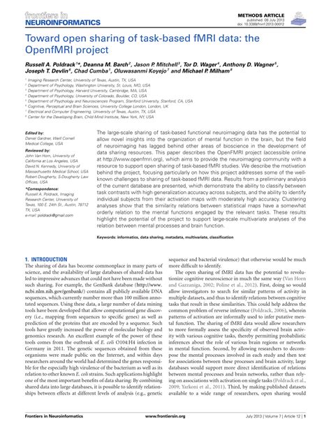 Pdf Towards Open Sharing Of Task Based Fmri Data The Openfmri Project
