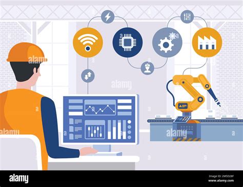 Engineer Using Computer To Control Robotic Arm On Smart Factory