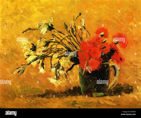 Vincent Van Gogh Vase With Red And White Carnations On A Yellow