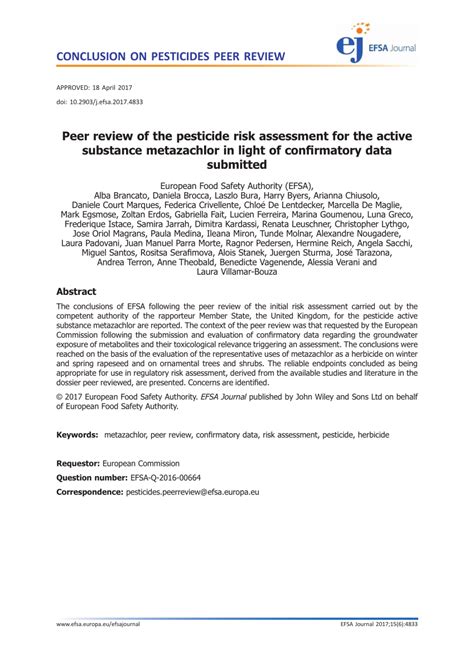 Pdf Peer Review Of The Pesticide Risk Assessment For The Active Substance Metazachlor In Light