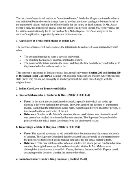 The Doctrine Of Transferred Malice Pdf Intention Criminal Law