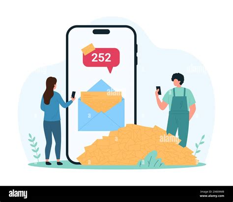 Email Spam And Sms Overload Of Mailbox Mobile App Tiny People And Heap