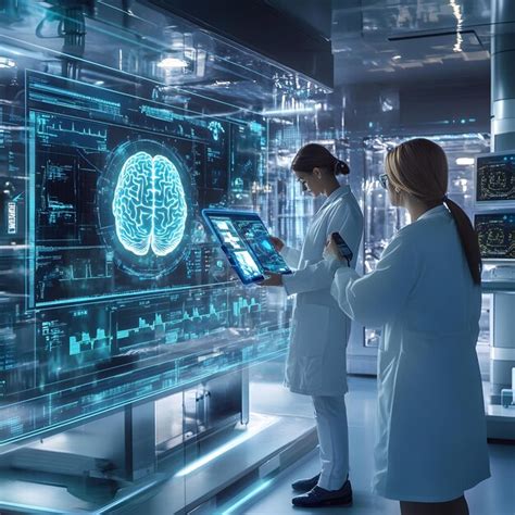 Two Scientists Examining A Digital Brain Model On A Large Interactive Screen Premium Ai