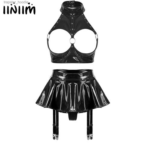 Patent Leather Garter Bra Top With Ruffle Thongs And Mini Skirt Sexy