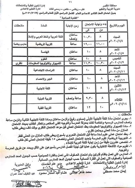 محافظة الاقصر جدول امتحانات ابتدائي وإعدادي فصل أول 2020