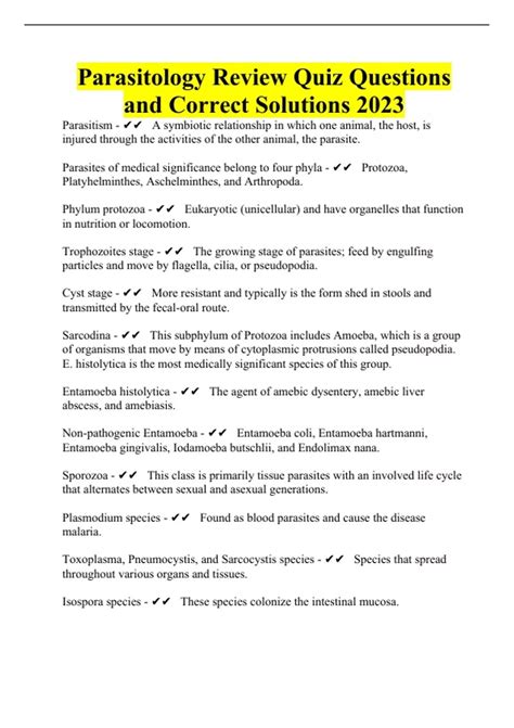 Parasitology Review Quiz Questions And Correct Solutions Parasitology Stuvia US