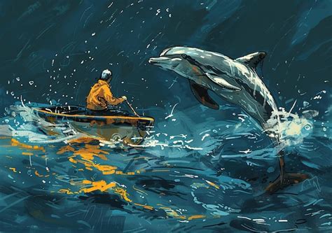 Premium Photo A Painting Of A Man Rowing A Boat With A Dolphin In The