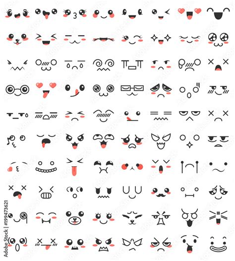 Collection Of Cute Lovely Kawaii Eyes And Mouths Doodle Cartoon Faces