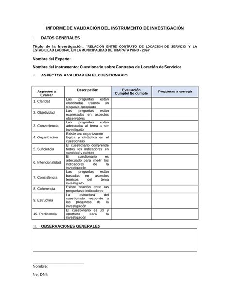 Informe De Validación Del Instrumento Teodoro Pdf Cuestionario