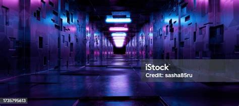 미래 지향적 인 복도 미래 지향적인 배경 기술 배경 터널 당신의 제품을 위한 복도 격납고 차고 금속 전시실 네온 레이저 Led 조명 3d 렌더링 가구에 대한 스톡 사진 및