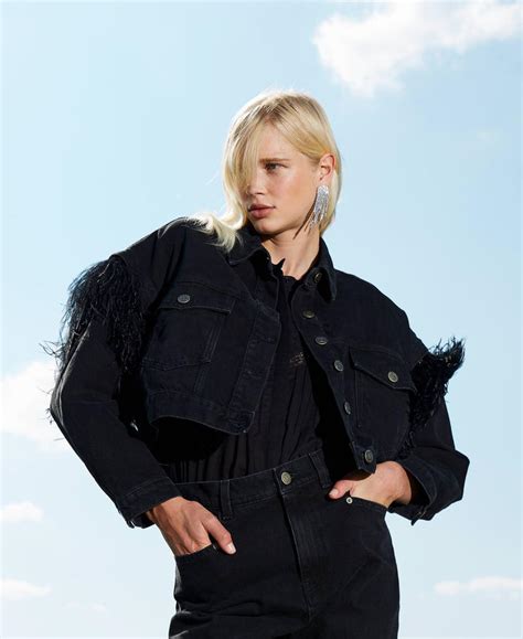 Denim Jacket With Feathers Woman Blue Twinset Milano