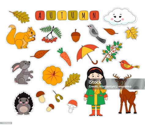 귀여운 가을 스티커 세트입니다 소녀 우산 고슴도치 비행 Agaric 우산 토끼 호박 구름 잎 가을에 대한 스톡 벡터 아트 및