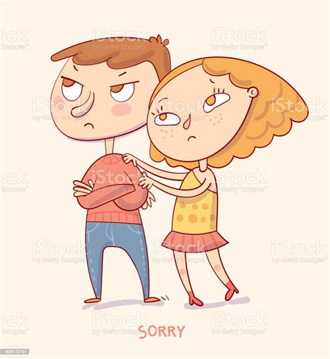 사과 하려고 하는 여 자가 그녀의 남자 친구에 게 미안 하다 고 말하십시오 미안해에 대한 스톡 벡터 아트 및 기타 이미지