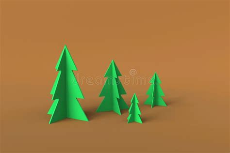 Green Minimal Low Poly Christmas Trees On A Brown Background 3d Render Stock Illustration