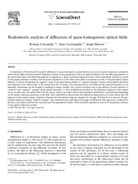 Pdf Radiometric Analysis Of Diffraction Of Quasi Homogenous Optical Fields
