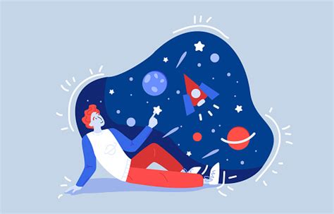 생강 남성 십대는 땅에 앉아 별 보름달 목성 과 로켓과 밤 하늘을 보고 천문학과 과학 테마 벡터 만화 컬러 플랫 일러스트 개념에
