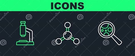 Set Line Microorganisms Under Magnifier Microscope And Molecule Icon