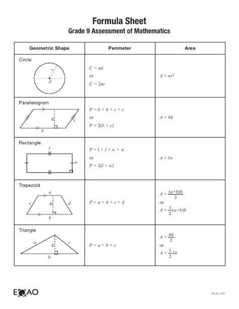 Grade 9 Geometry Formula Sheet Assessment Of Mathematics Download Printable Pdf Templateroller