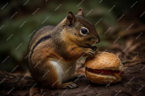 Premium Ai Image Squirrel Eating A Hamburger In The Forest Closeup