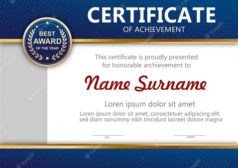 파란색과 금색 인증서 템플릿 프리미엄 벡터