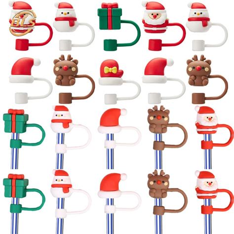8 มม สากล หลอดดื่ม กันฝุ่น ซิลิโคน หมวก การ์ตูนน่ารัก ซานตาคลอส สโนว์แมน กวาง ถุงมือ ฟาง