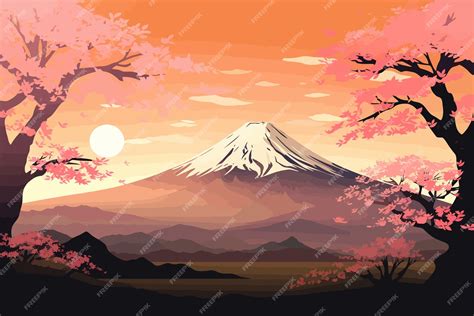 전통적인 동양의 미니멀리즘 일본식 벡터 그림에서 산의 양식화된 검정 잉크 세척 그림 프리미엄 벡터
