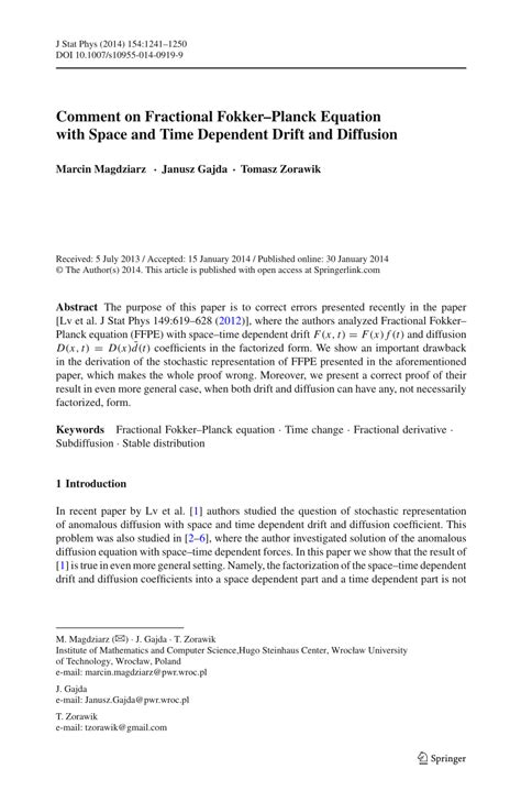 Pdf Comment On Fractional Fokker Planck Equation With Space And Time Dependent Drift And Diffusion