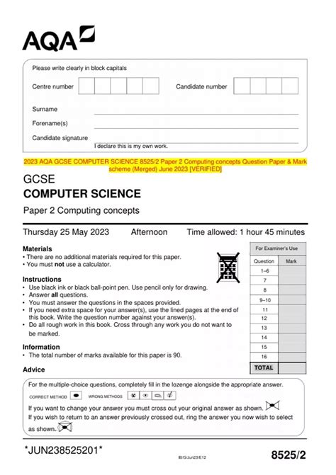 2023 Aqa Gcse Computer Science 85252 Paper 2 Computing Concepts