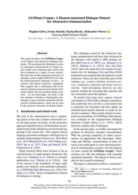 Pdf Samsum Corpus A Human Annotated Dialogue Dataset For Abstractive
