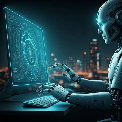 Futuristic Robot Working On Computer Ai Robot Interacting With Digital