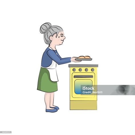 할머니는 난로 근처 파이 요리 벡터 컬러 일러스트 레이 션 오븐에 굽기에 대한 스톡 벡터 아트 및 기타 이미지 오븐에 굽기