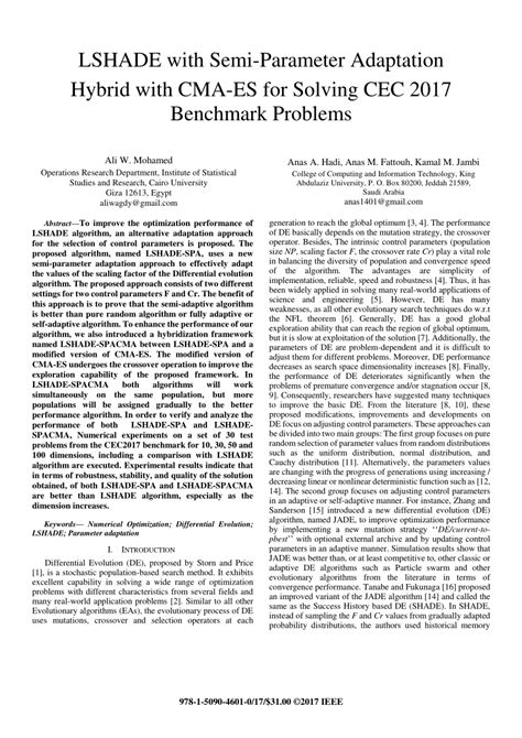 Pdf Lshade With Semi Parameter Adaptation Hybrid With Cma Es For Solving Cec 2017 Benchmark