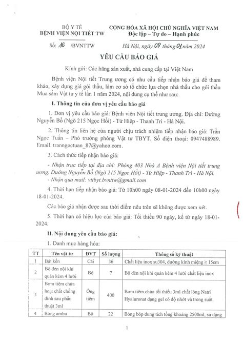Thư Mời Vv Cung Cấp Báo Giá Cho Gói Thầu Mua Sắm Vật Tư Y Tế Lần 1 Năm