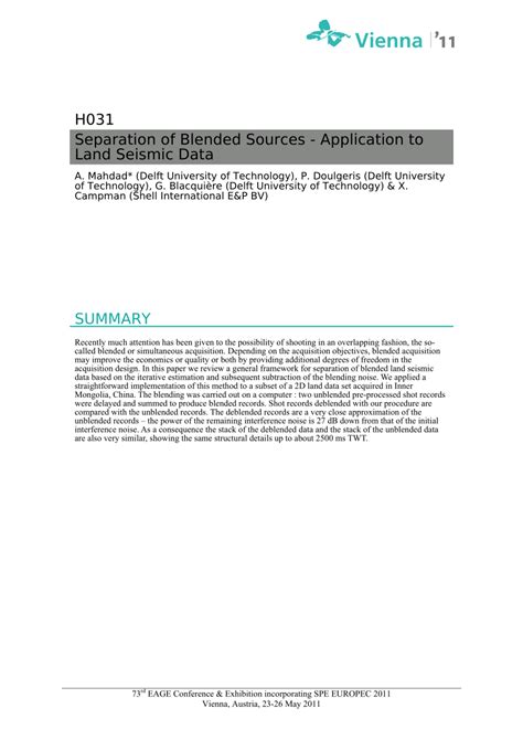 Pdf H031 Separation Of Blended Sources Application To Land Seismic Data