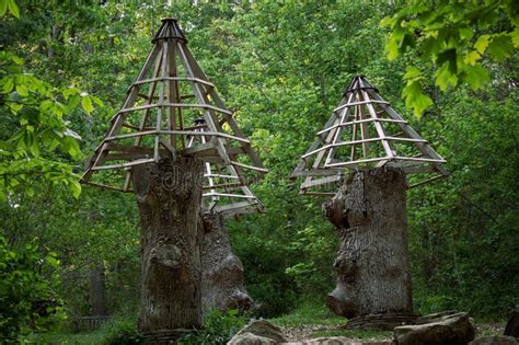 Two Trees With Strange Wooden Structures On Top Of Them In The Middle