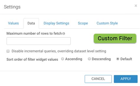 Configuring Data Options For Dashboard Filters