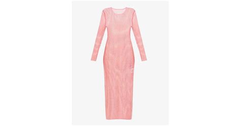 Leslie Amon Rhinestone Embellished Semi Sheer Stretch Woven Maxi Dress
