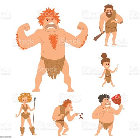 원시인 원시 석기 시대 만화 네안데르탈인 사람 문자 진화 벡터 일러스트 레이 션 Pchum Ben에 대한 스톡 벡터 아트 및