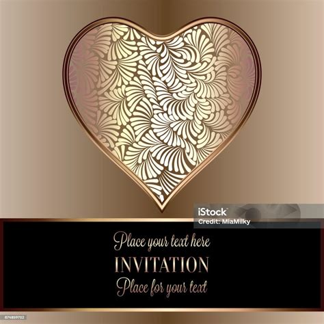 골동품 럭셔리 블랙 베이 지와 골드 빈티지 프레임 빅토리아 배너 낭만적인 배경 심장 만든 깃털 벽지 장식 초대 카드 바로크 스타일 패션 패턴 골동품에 대한 스톡 벡터 아트