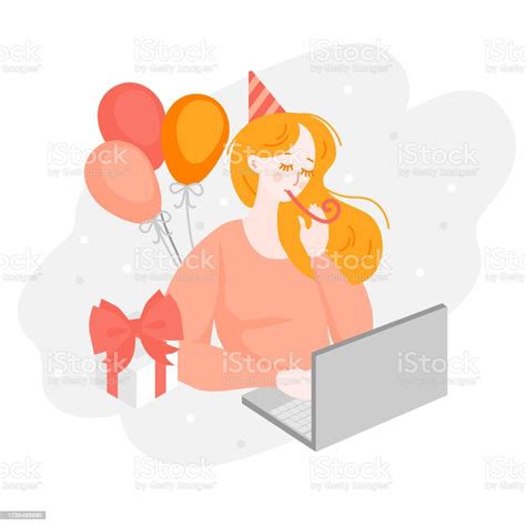 온라인 생일 파티 리만 만화 소녀는 기념일을 축하합니다 검역 중 여성 캐릭터 외로움의 개념 십대 소녀에 대한 스톡 벡터 아트 및