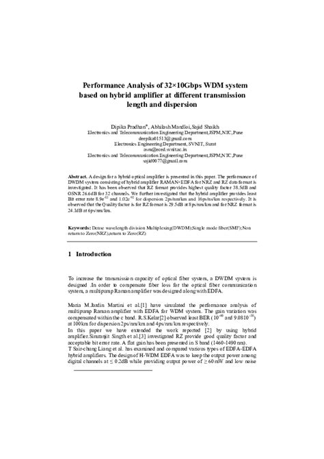 Pdf Performance Analysis Of 32×10gbps Wdm System Based On Hybrid Amplifier At Different