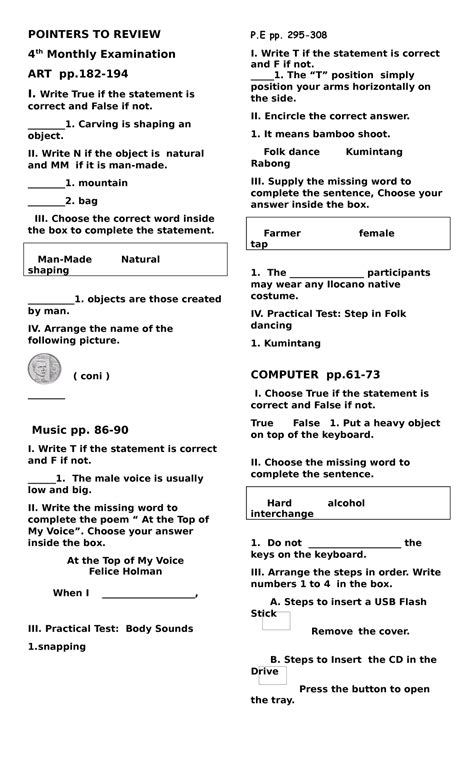Pointers Th Monthly EXAM GR A POINTERS TO REVIEW Th Monthly Examination ART Pp I Write