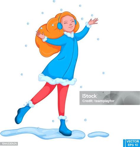 벡터 이미지입니다 붉은 머리를 가진 만화 소녀 눈송이 잡는 다 아이 겨울에 행복 합니다 12월에 대한 스톡 벡터 아트 및 기타