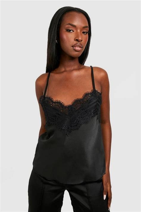 Black Lace Trim Satin Cami Boohoo Uk