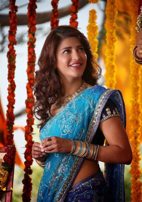 Shruti Hassan Spicy Hip Navel Photos In Blue Saree Indian Actresses