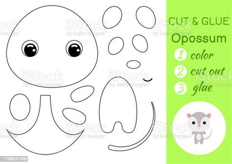 색칠 공부 는 아기 Opossum 을 잘라 접착제 유치원 어린이를위한 교육 종이 게임 워크시트를 잘라내고 붙여넣습니다 종이에 색상 절단 부품 및 접착제 벡터 그림입니다 0