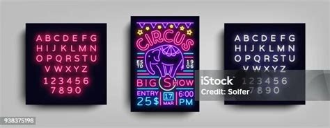 네온 스타일에서 서커스 플라이어입니다 서커스 코끼리 네온 사인 포스터 배너 네온 브로슈어 인쇄 술 디자인 서식 파일 쇼 빛 밤 서커스 광고 벡터 일러스트 레이 션 편집